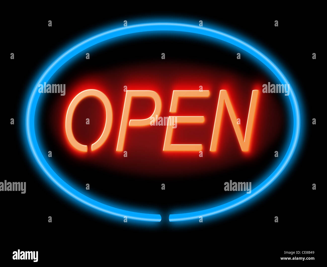 Illustration depicting an illuminated blue and red 'open' sign with ...
