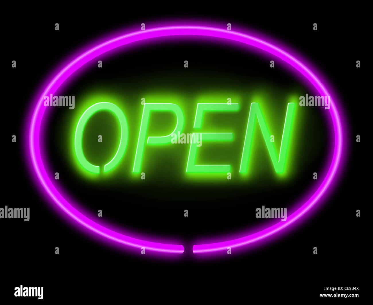 Illustration depicting an illuminated green and violet 'open' sign with ...