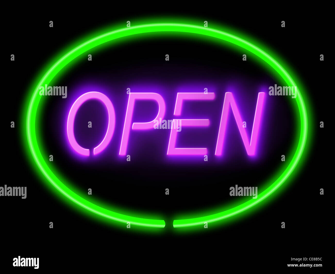 Illustration depicting an illuminated green and violet 'open' sign with ...