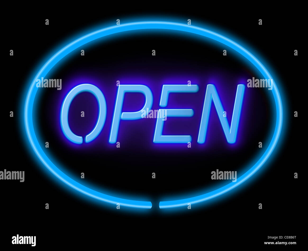 Illustration depicting an illuminated blue 'open' sign with black ...
