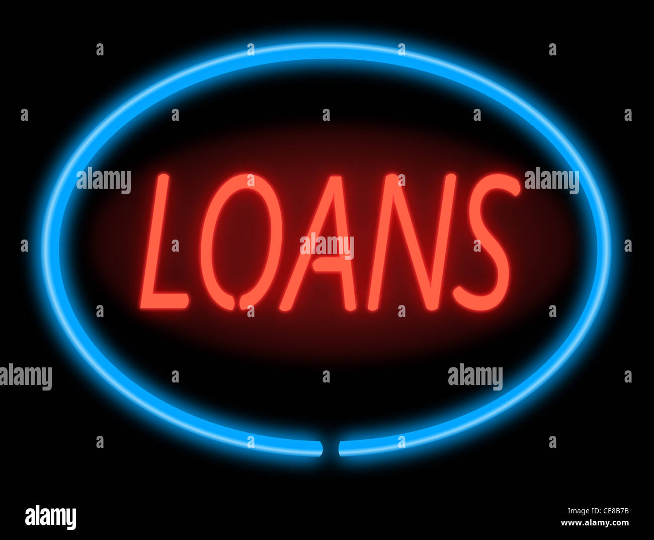 Illustration depicting an illuminated blue and red loans' sign with ...
