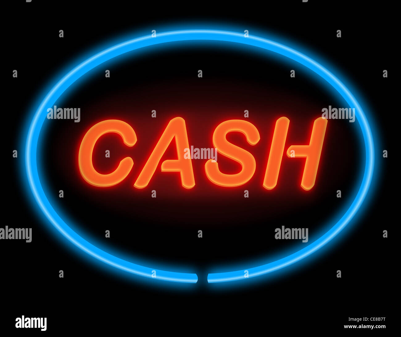 Illustration depicting an illuminated blue and red 'cash' sign with ...