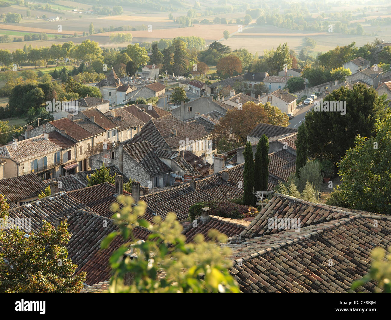 View looking down on the town of Lauzerte in the Midi-Pyrénées in ...
