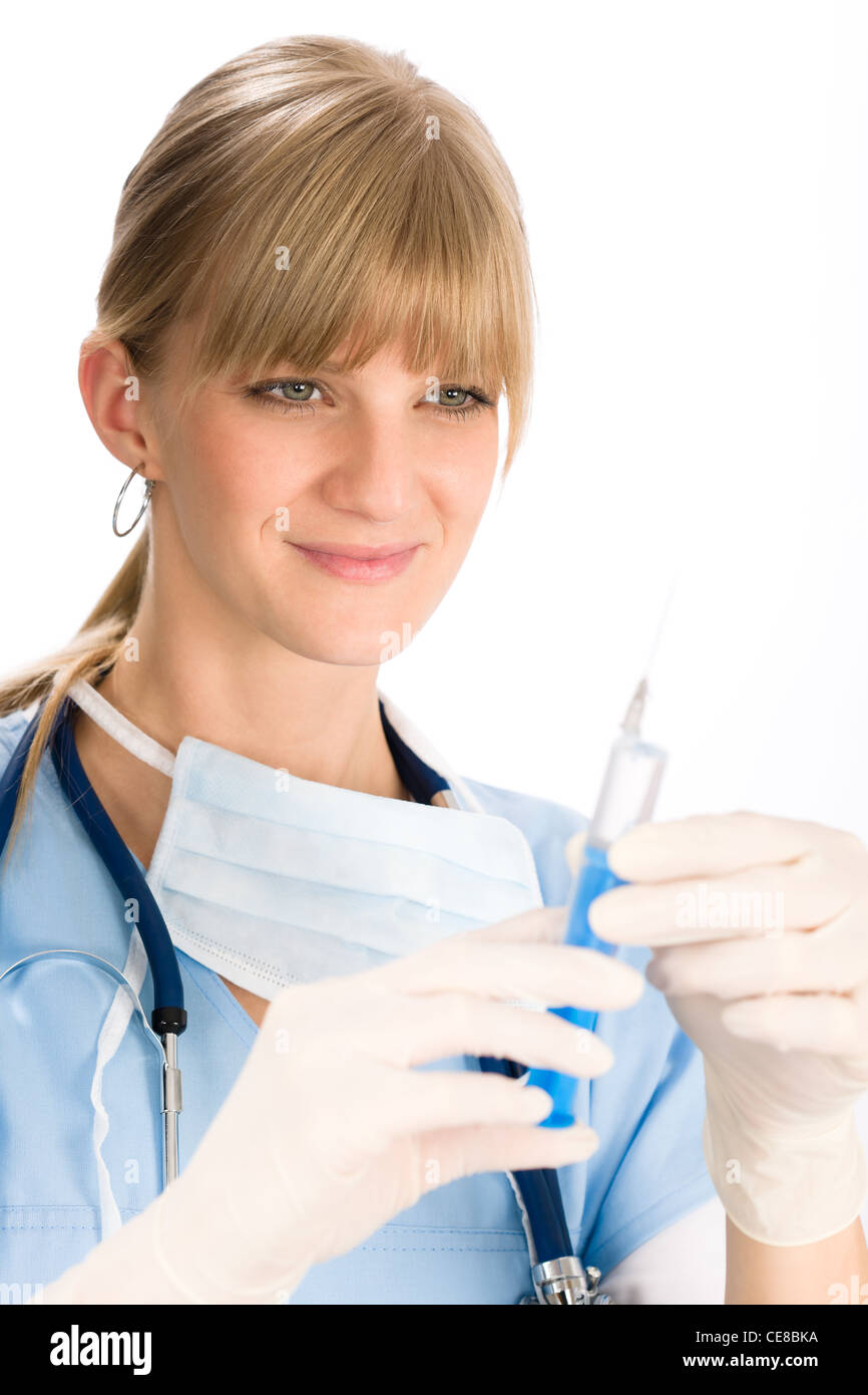 Young medical nurse doctor female hold injection isolated Stock Photo ...