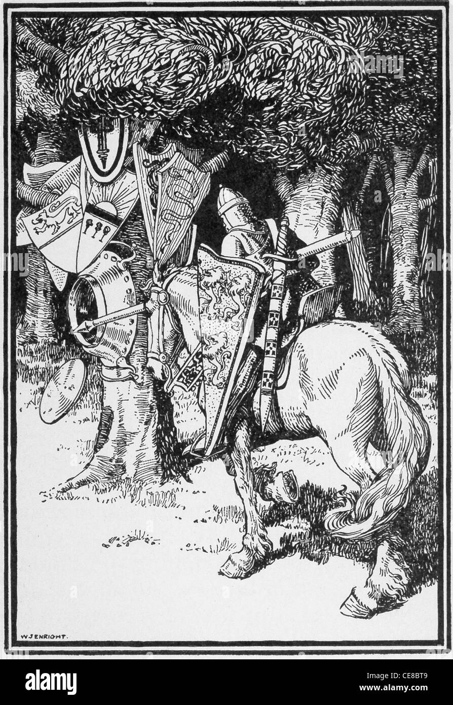 Sir Lancelot hits bottom of iron basin at foot of tree on which hung ...