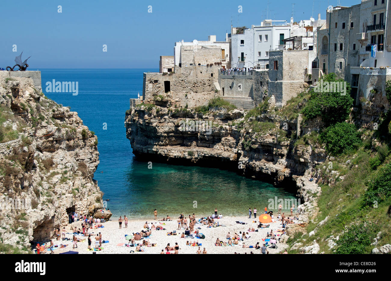 Beach and medieval town, Polignano a Mare, Puglia, Italy Stock Photo ...