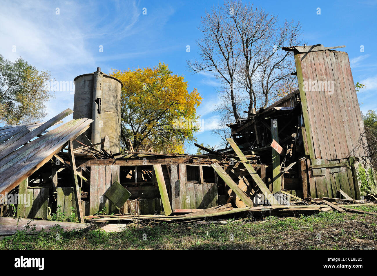 An old aged barn that was destroyed by a storm with high winds Stock ...
