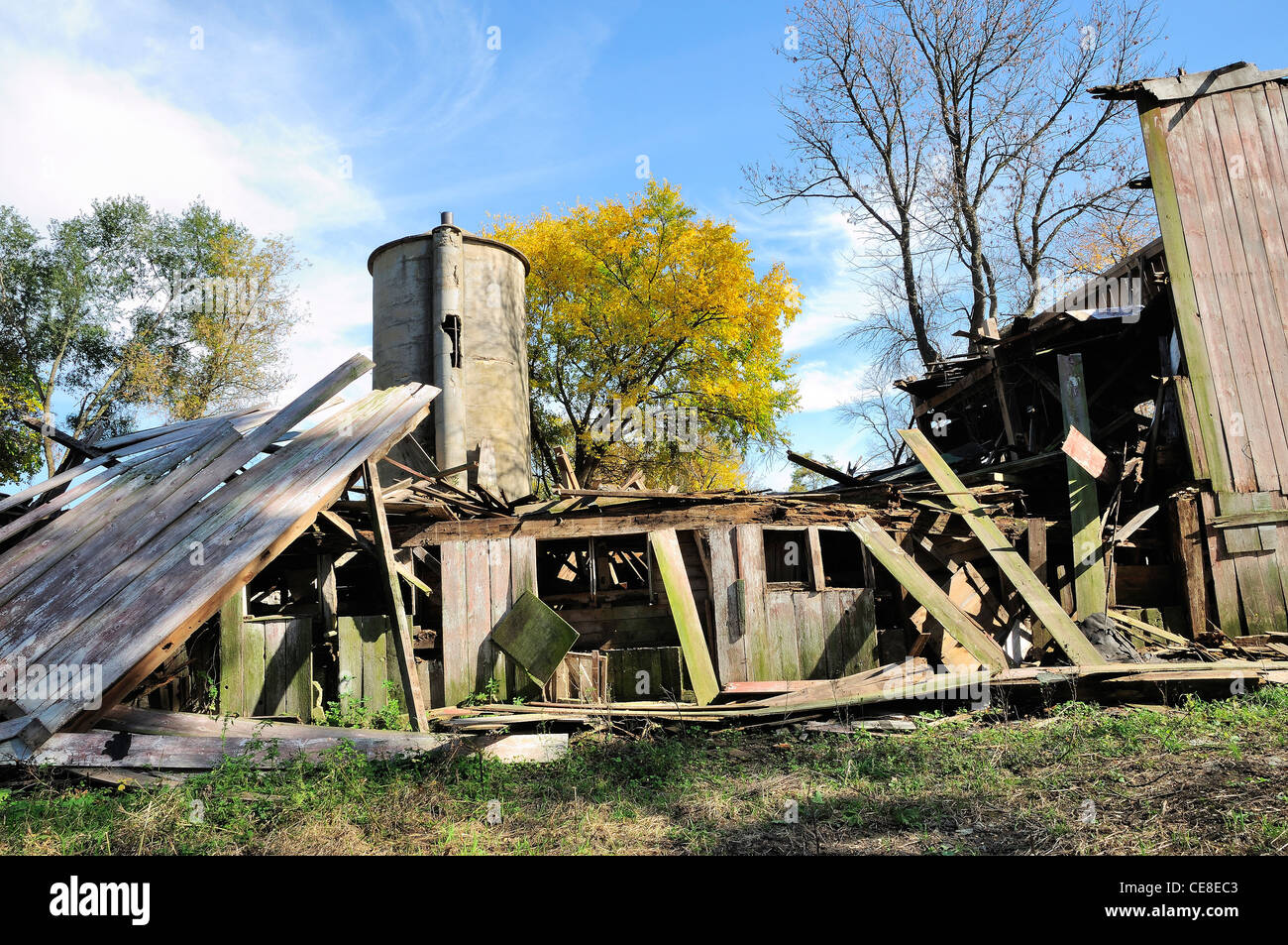 An old aged barn the was destroyed by an autumn storm with high winds ...