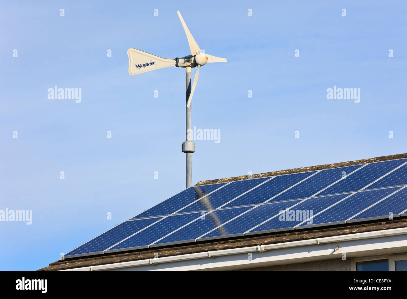 Windsave micro wind turbine and solar panels on a domestic eco home ...