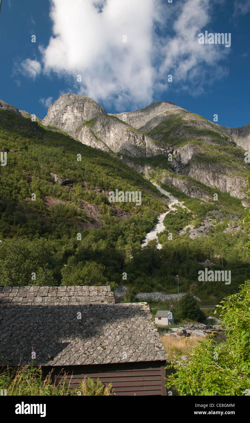 Eidjford Norway wooden boathouses with tree-clad mountain background in ...