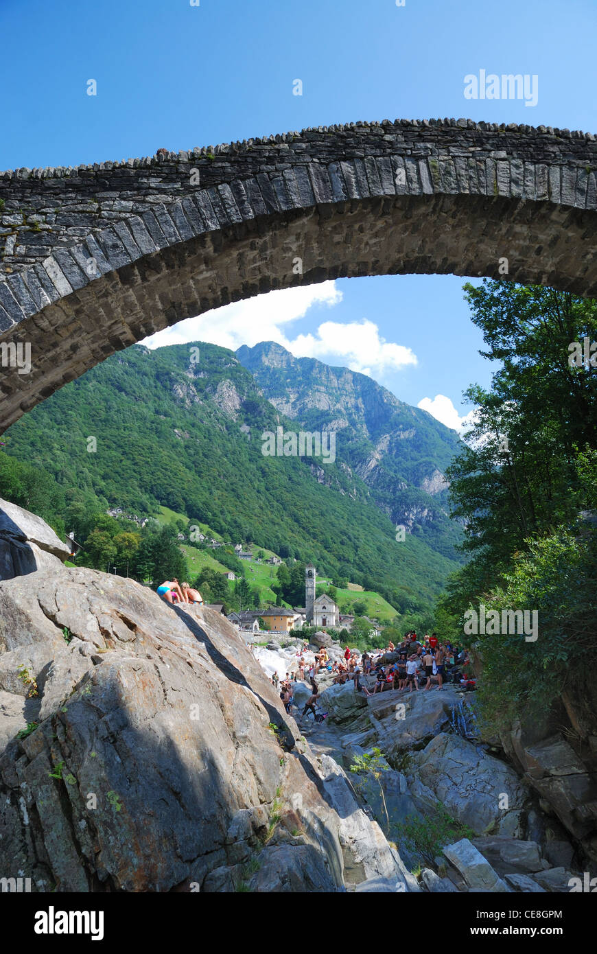 Holidaymakers on the riverside at summer Swiss Alps Stock Photo - Alamy