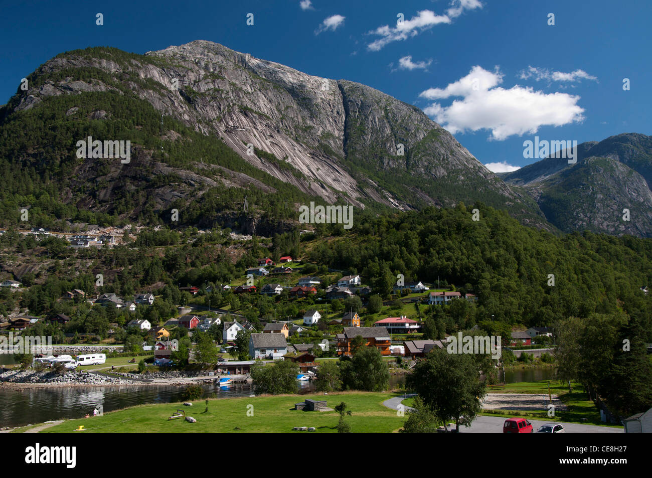 Eidfjord Norway hillside town mountain backdrop taken on bright sunny ...