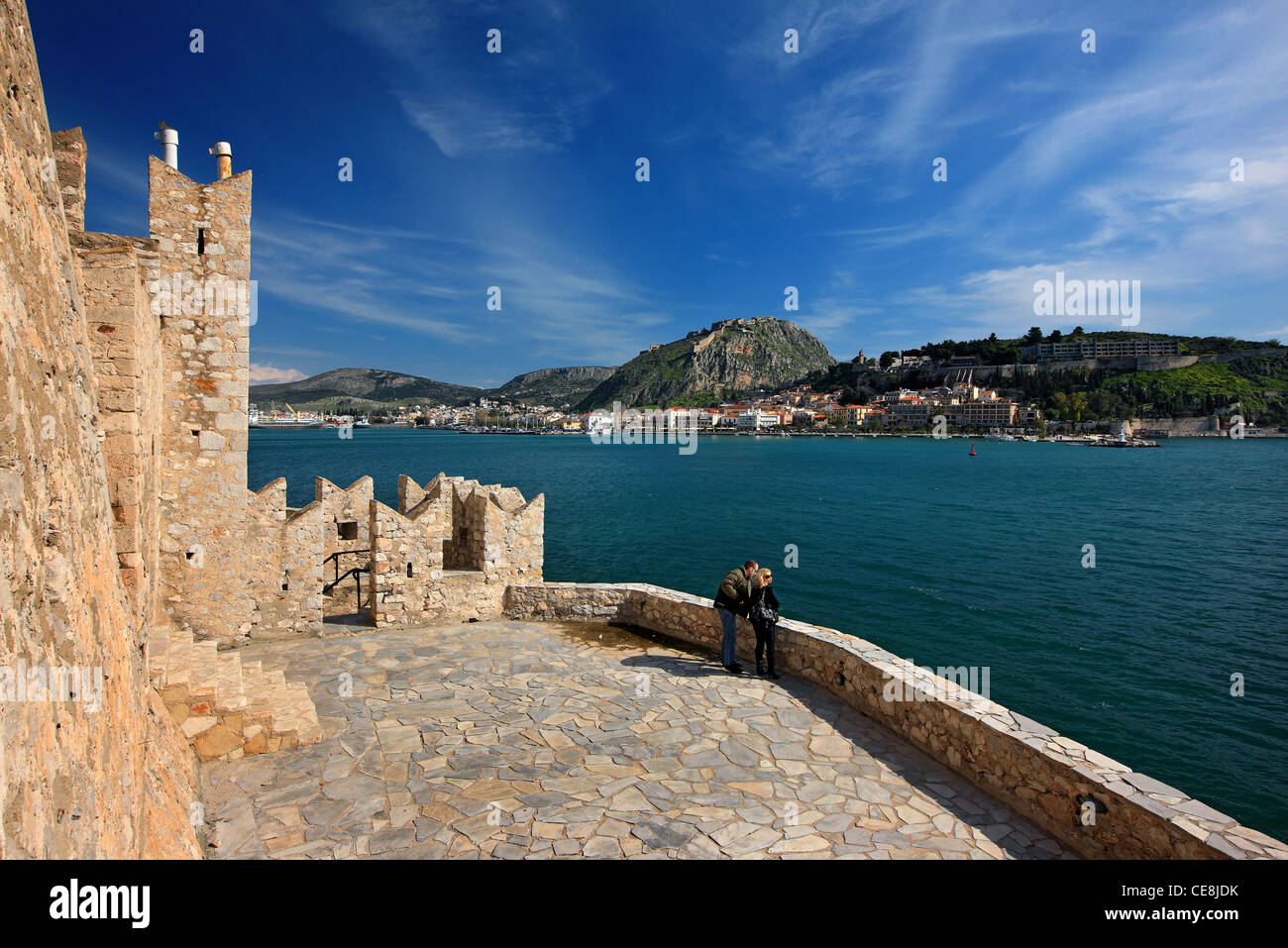 Inside view of Bourtzi castle upon a tiny island, with Nafplio town and ...