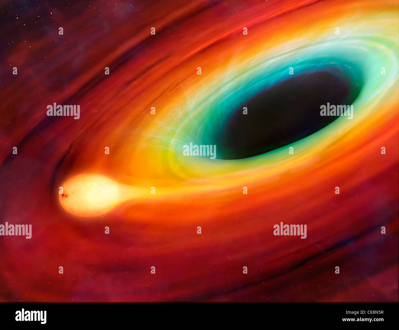 This artwork shows a star being distorted by its close passage to a ...