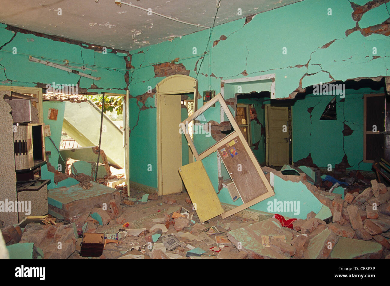 NPM 81074 : indian Earthquake damage interior of house in bhuj gujarat ...