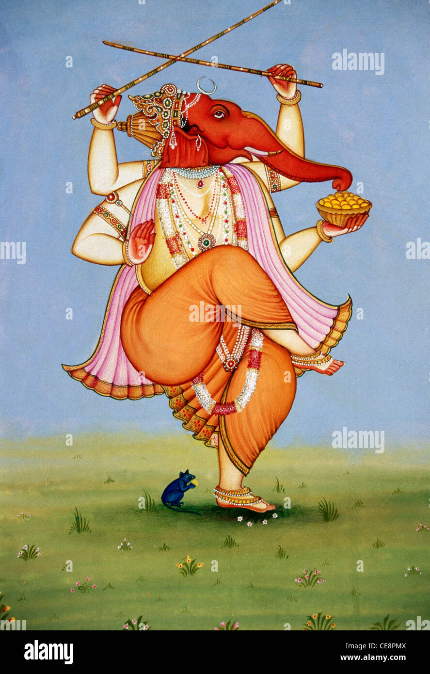 Lord Ganesh Ganpati dancing playing dandiya Miniature Painting on Paper ...