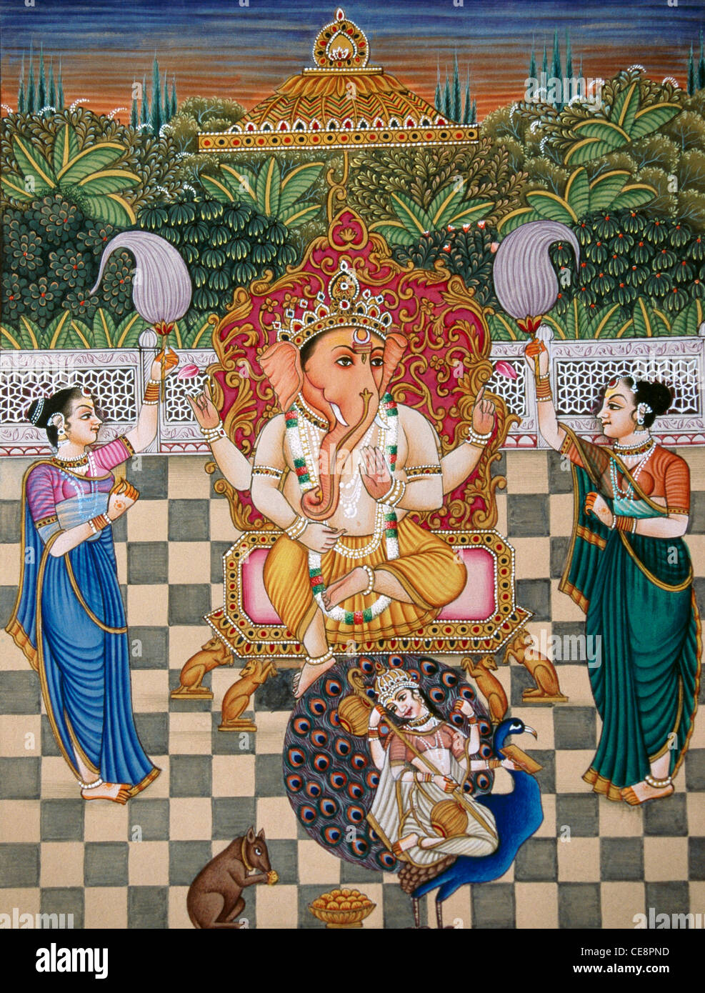 BDR80476 : Lord Ganesh sitting on throne with Riddhi and Siddhi indian ...