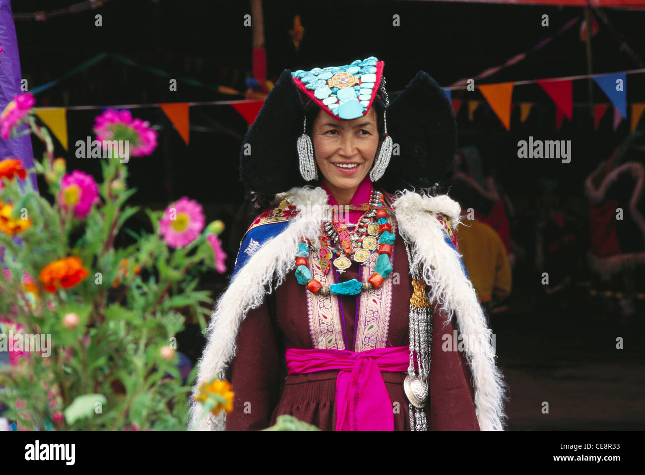 happy smiling ladakhi woman in traditional costume ; leh ; ladakh ...