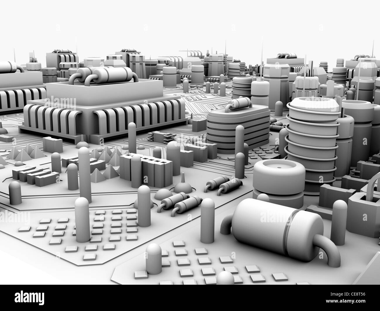 Circuit board. Computer artwork depicting city scape made of electronic ...