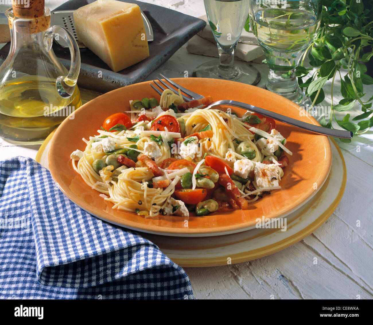 Spaghettini with ricotta and thick beans Stock Photo - Alamy