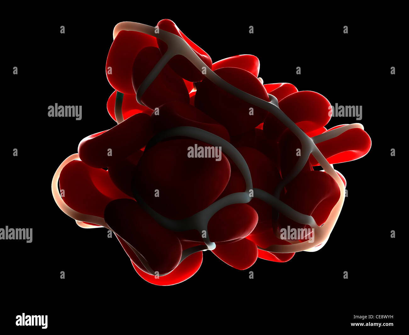 Blood clot. Computer artwork of red blood cells trapped in a fibrin ...