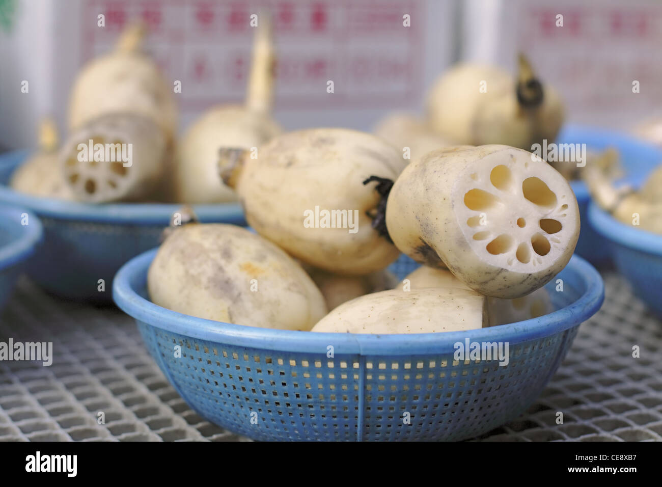 Lotus roots on a vegetables market stand-close up image with selective ...