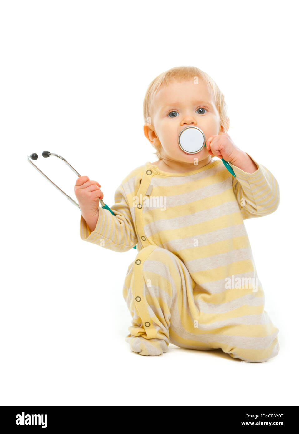 Baby playing stethoscope isolated on white Stock Photo - Alamy