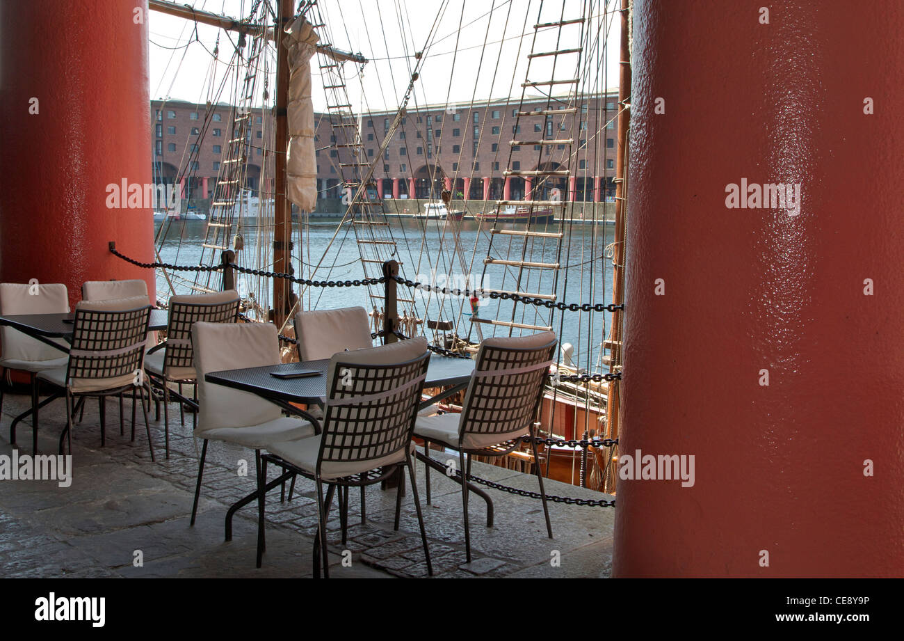 Empty tables at dockside cafe, Albert Dock, Liverpool, England UK. May ...