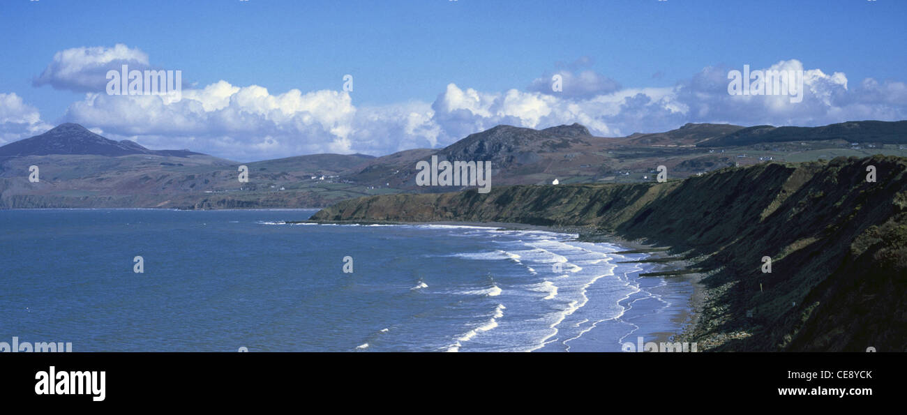 Welsh coastline at Morfa Nefyn with Yr Eifl distant Nefyn Llyn ...