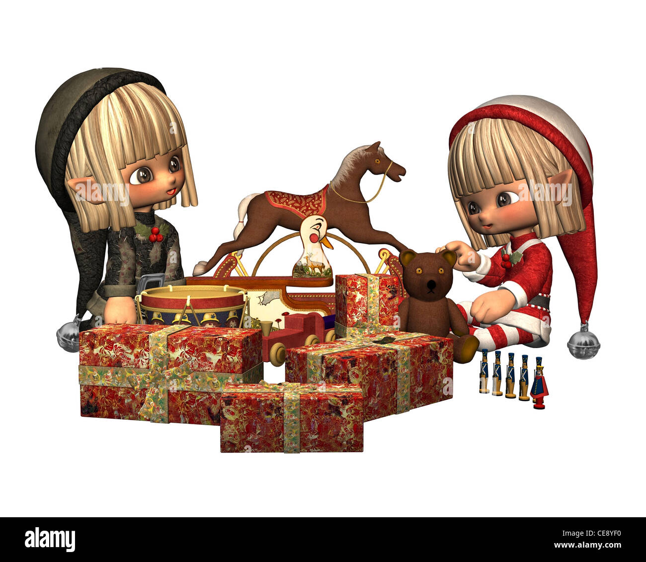 Christmas Elves - wrapping presents Stock Photo - Alamy