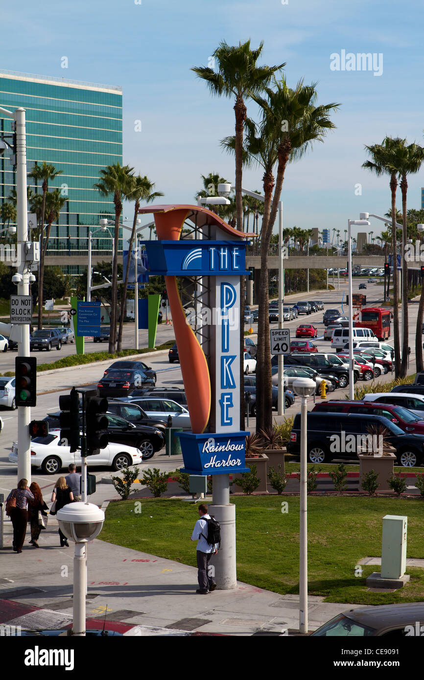 A street scene with the Pike sign at Rainbow harbor Long Beach ...