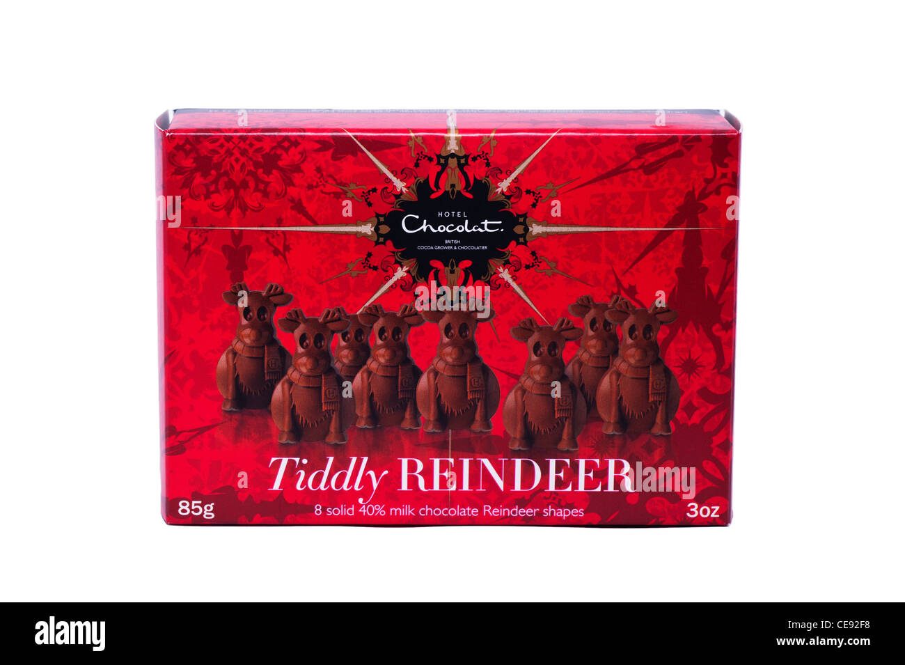A box of Hotel Chocolat Tiddly Reindeer chocolate shapes on a white ...