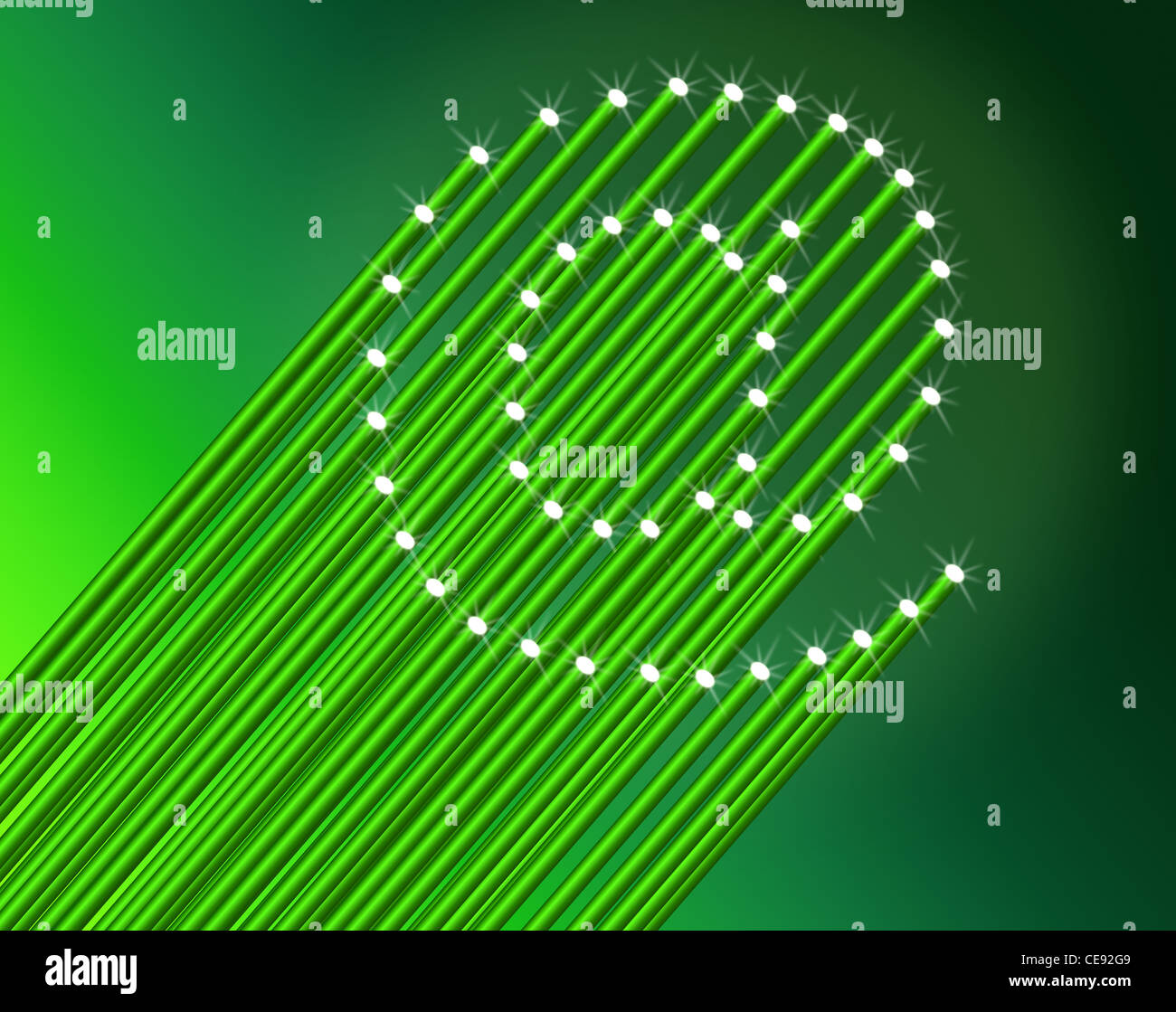 Illustration depicting many illuminated green fiber optic light strands ...