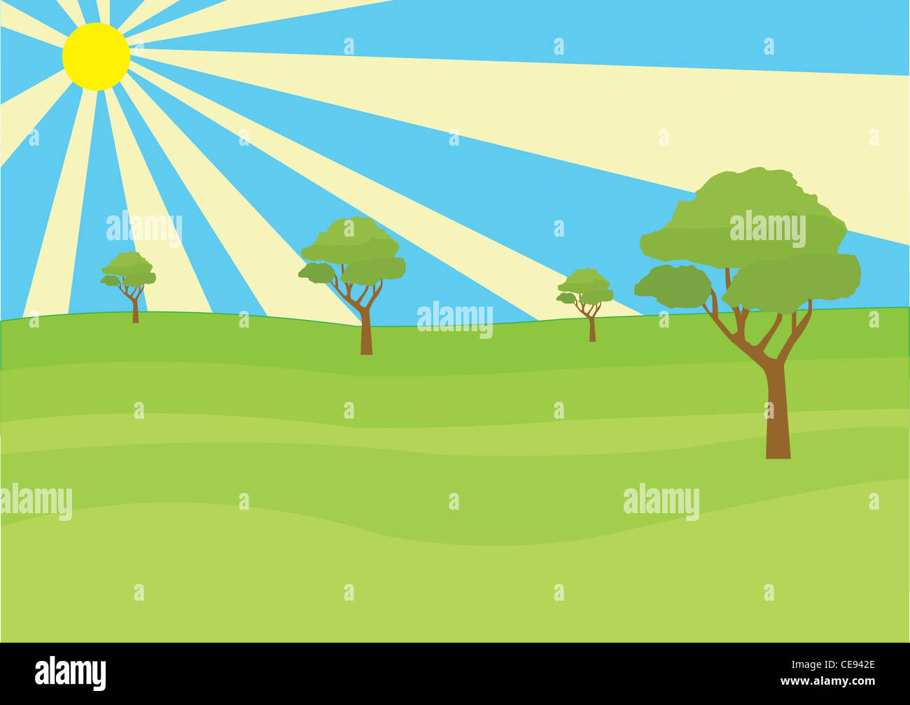 Country view sun rise rays tree green land fields bright day Stock ...