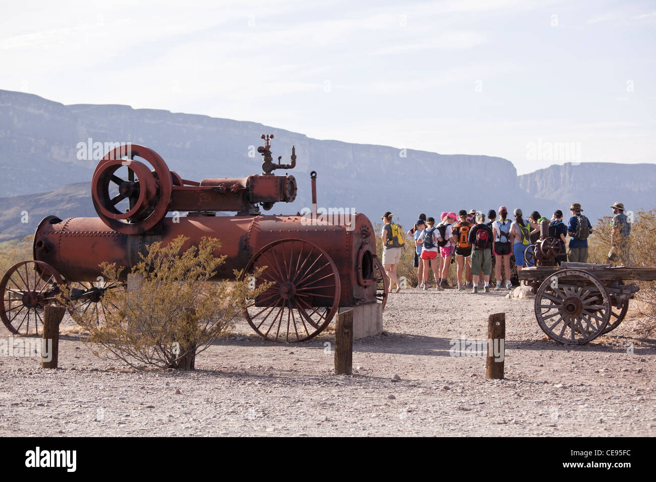 An old steam engine and wagon sit at Castolon, TX in Big Bend National ...