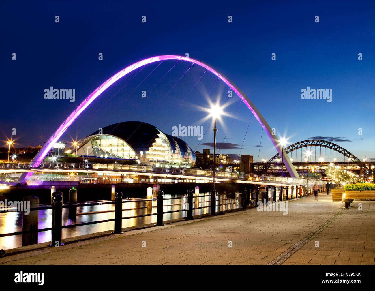 Night shot of Newcastle Gateshead quayside,including Millenium Bridge ...