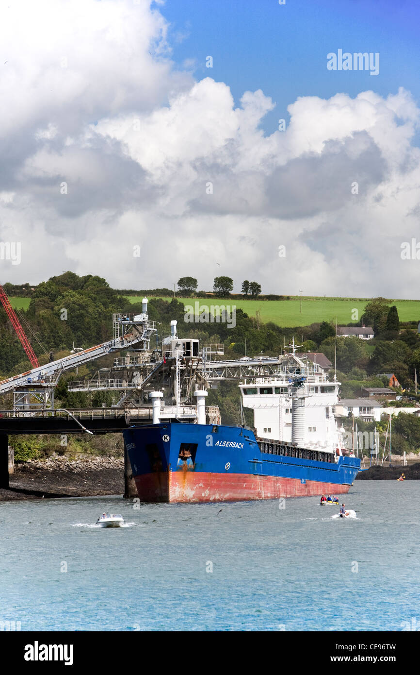 China clay tanker loading at Carne Point docks on the River Fowey ...
