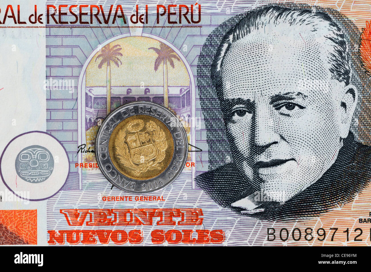Peruvian 20 Nuevos Soles Banknote with 2 Nuevos Soles Coin Stock Photo ...