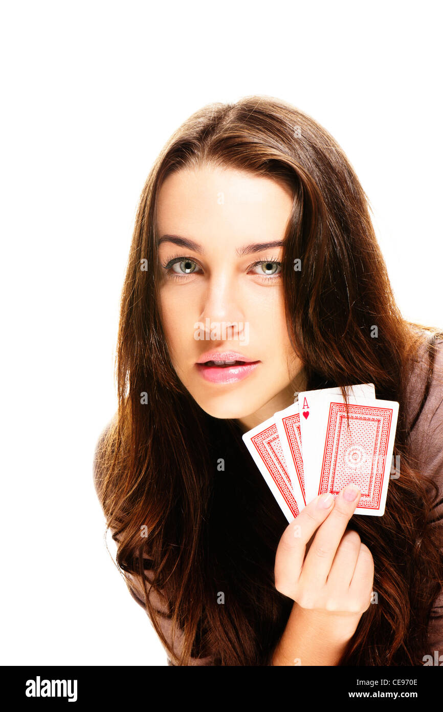 gorgeous woman holding poker cards on white background Stock Photo - Alamy