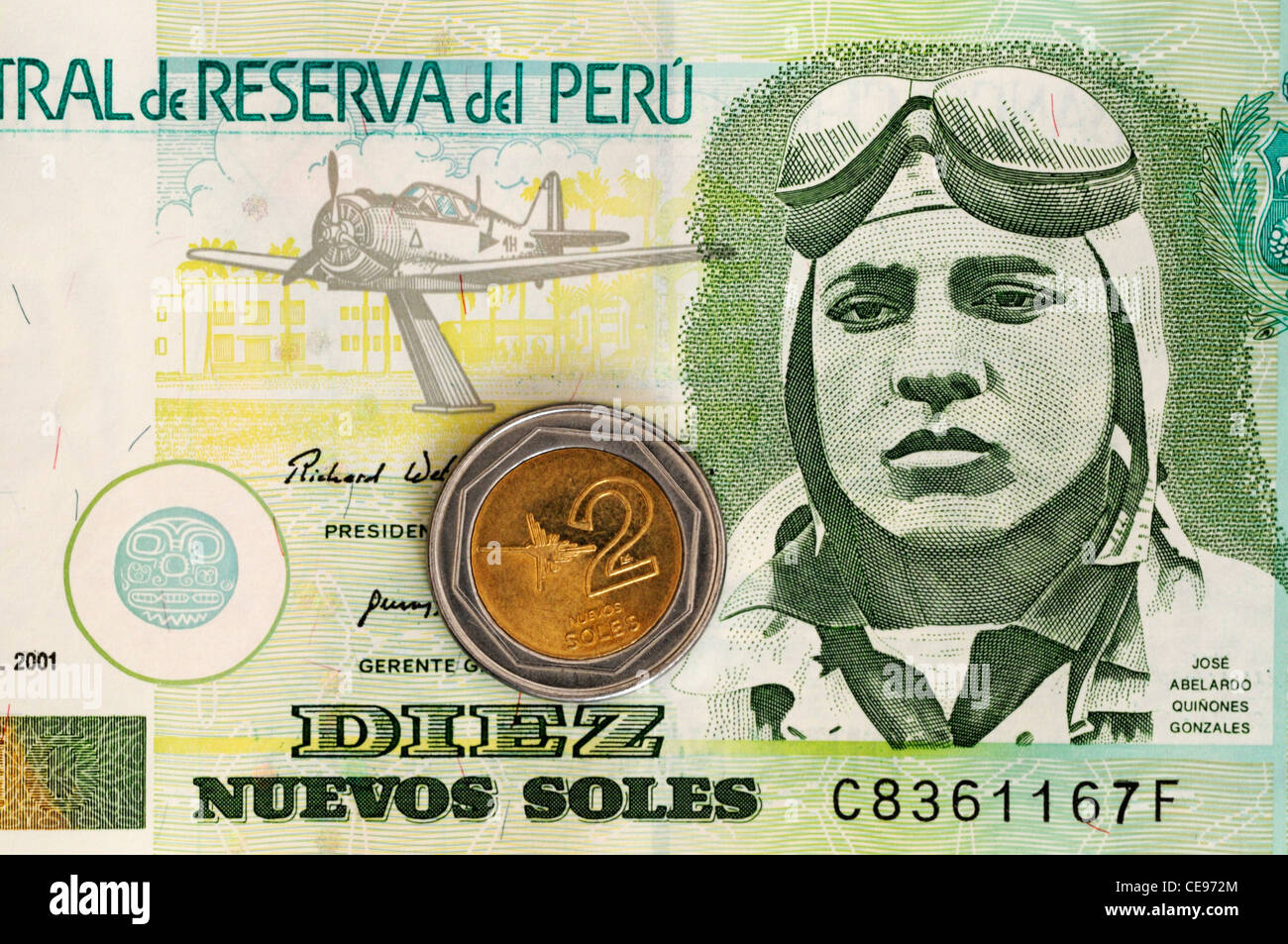 Peruvian 10 Nuevos Soles Banknote with 2 Nuevos Soles Coin Stock Photo ...