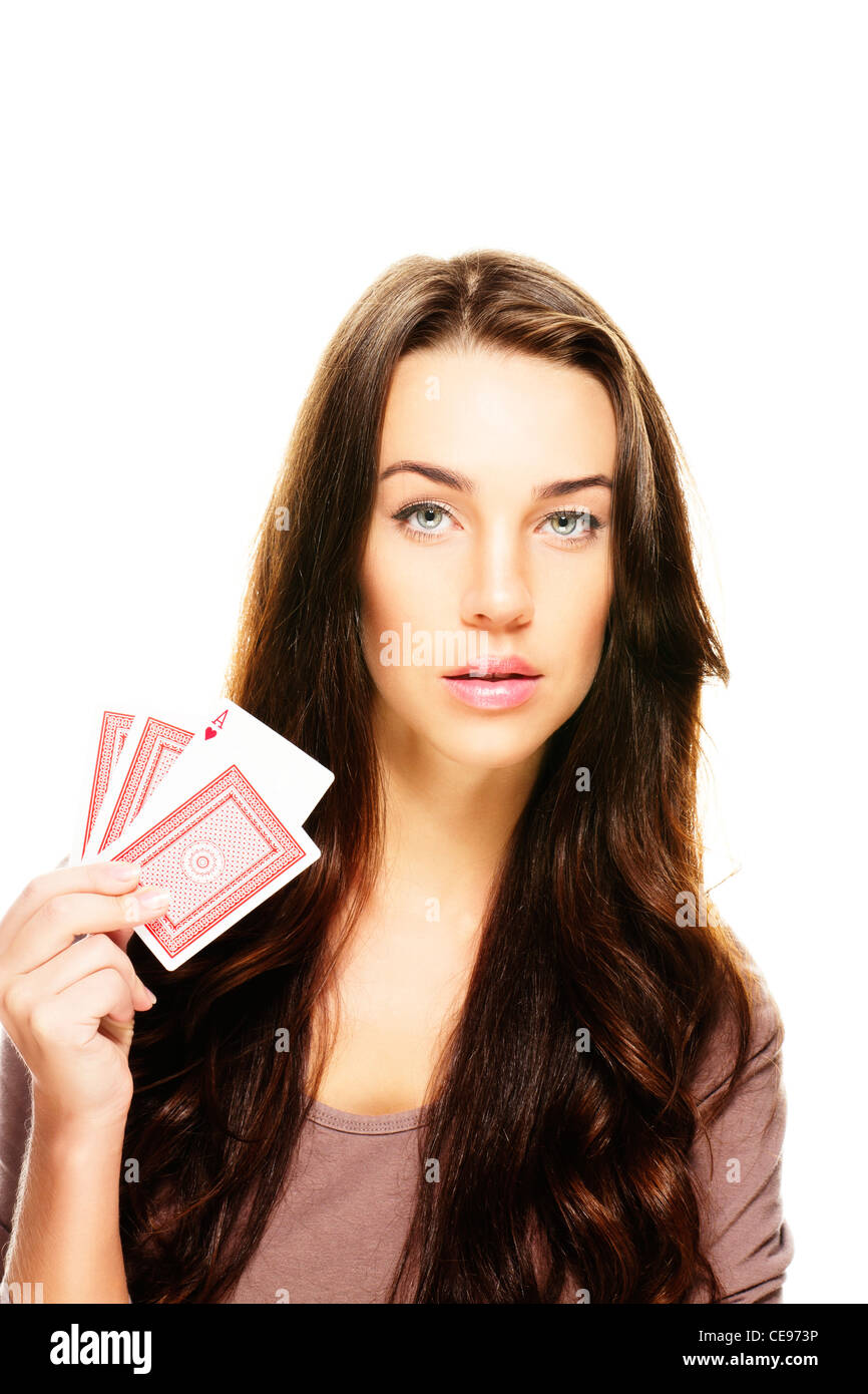 beautiful woman holding poker cards on white background Stock Photo - Alamy
