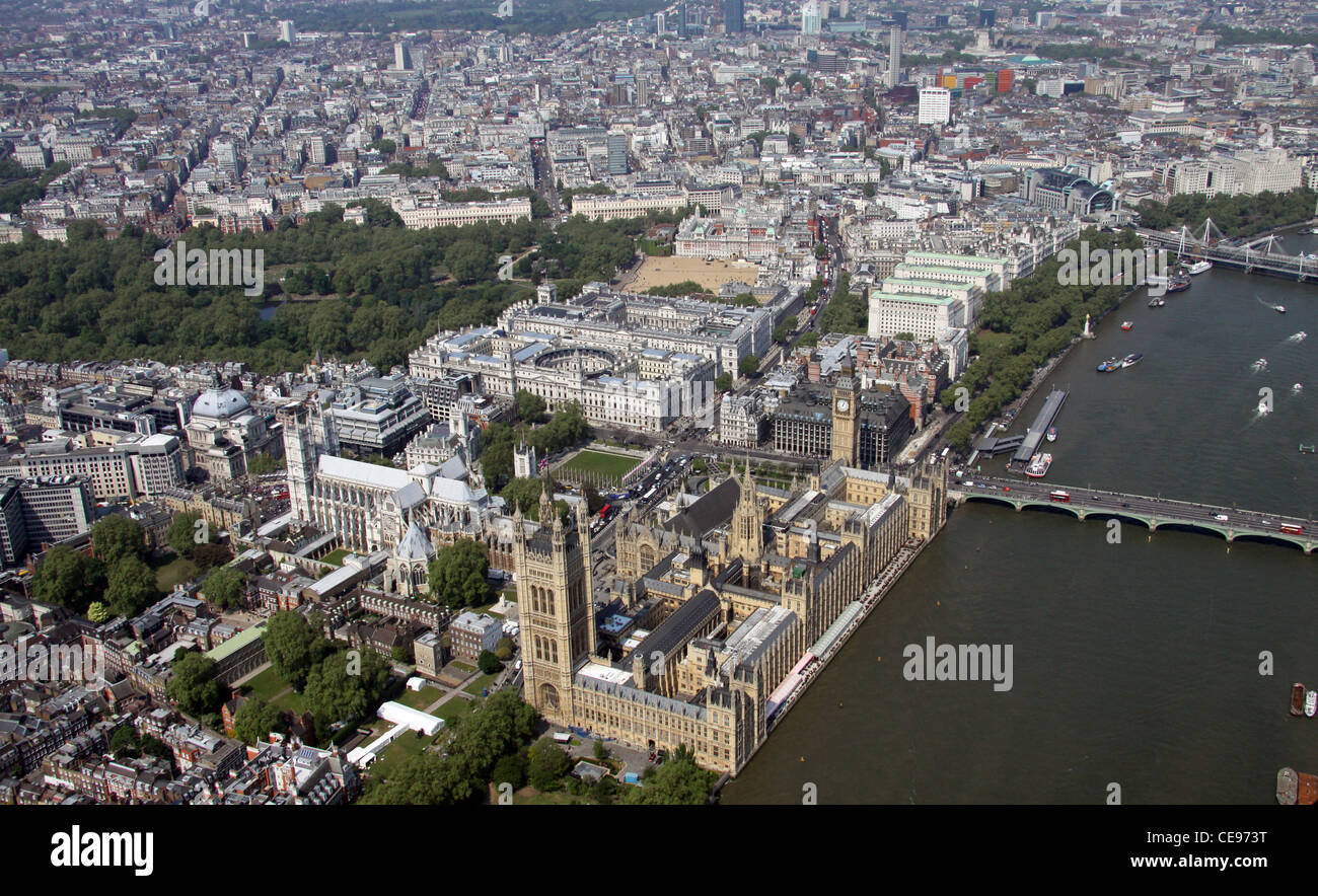 Aerial image of the Houses of Parliament looking up Whitehall, London ...