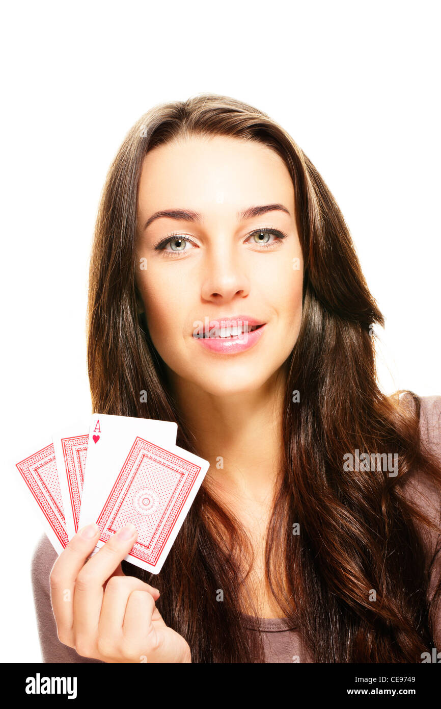 beautiful woman playing poker on white background Stock Photo - Alamy