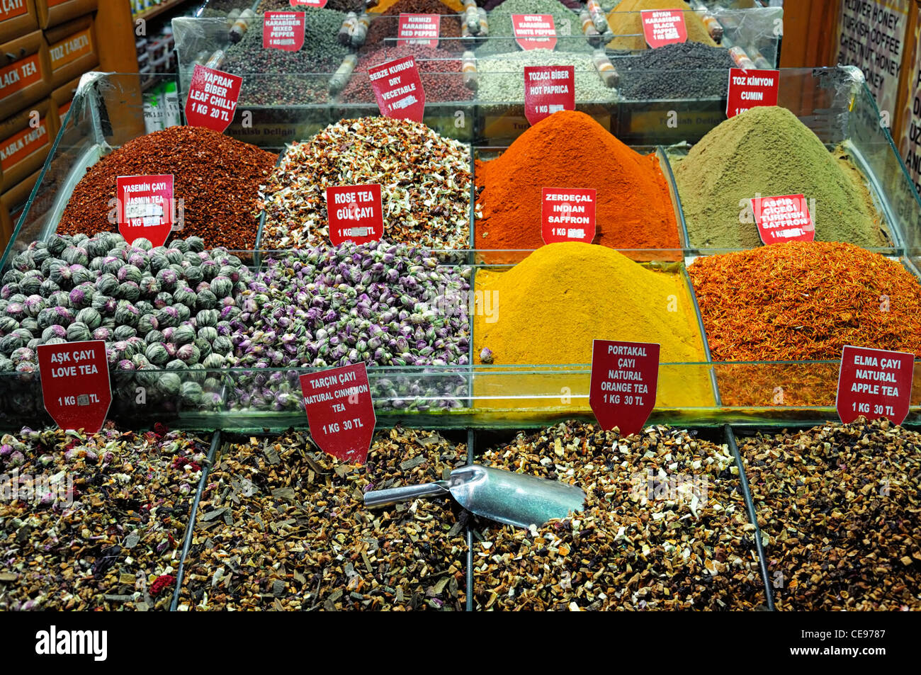 Tea teas spice spices herb herbs on sale display at the Spice Bazaar Egyptian Bazaar Fatih ...