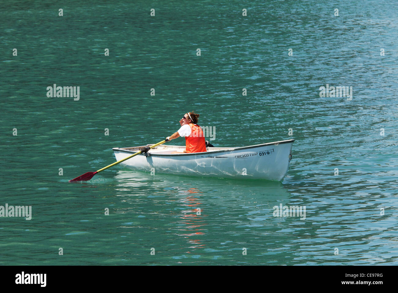 Chicago Park District lifeguard in rowboat. Oak Street Beach Chicago ...