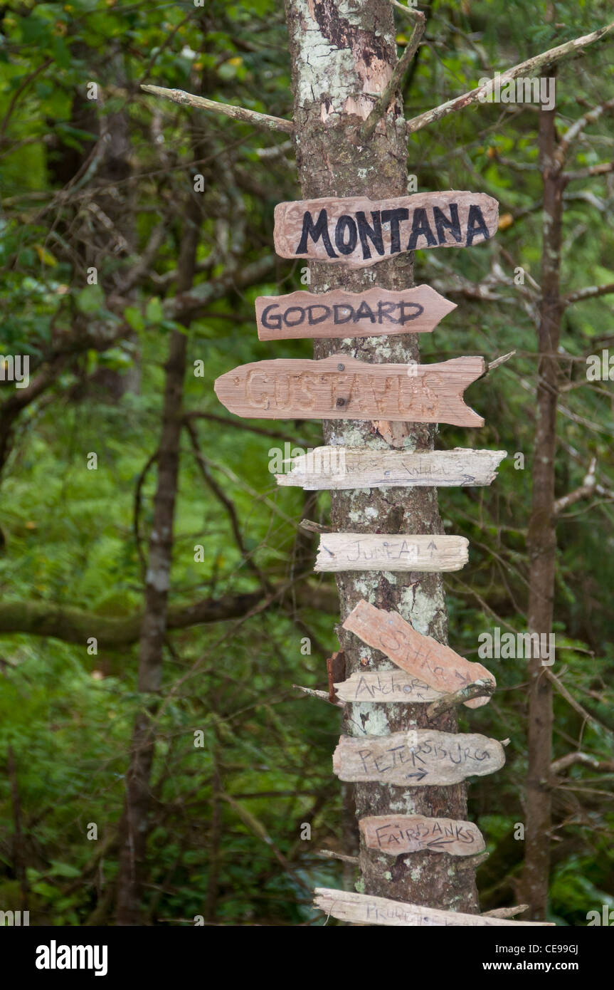 Man made signs on a tree in Alaska Stock Photo - Alamy