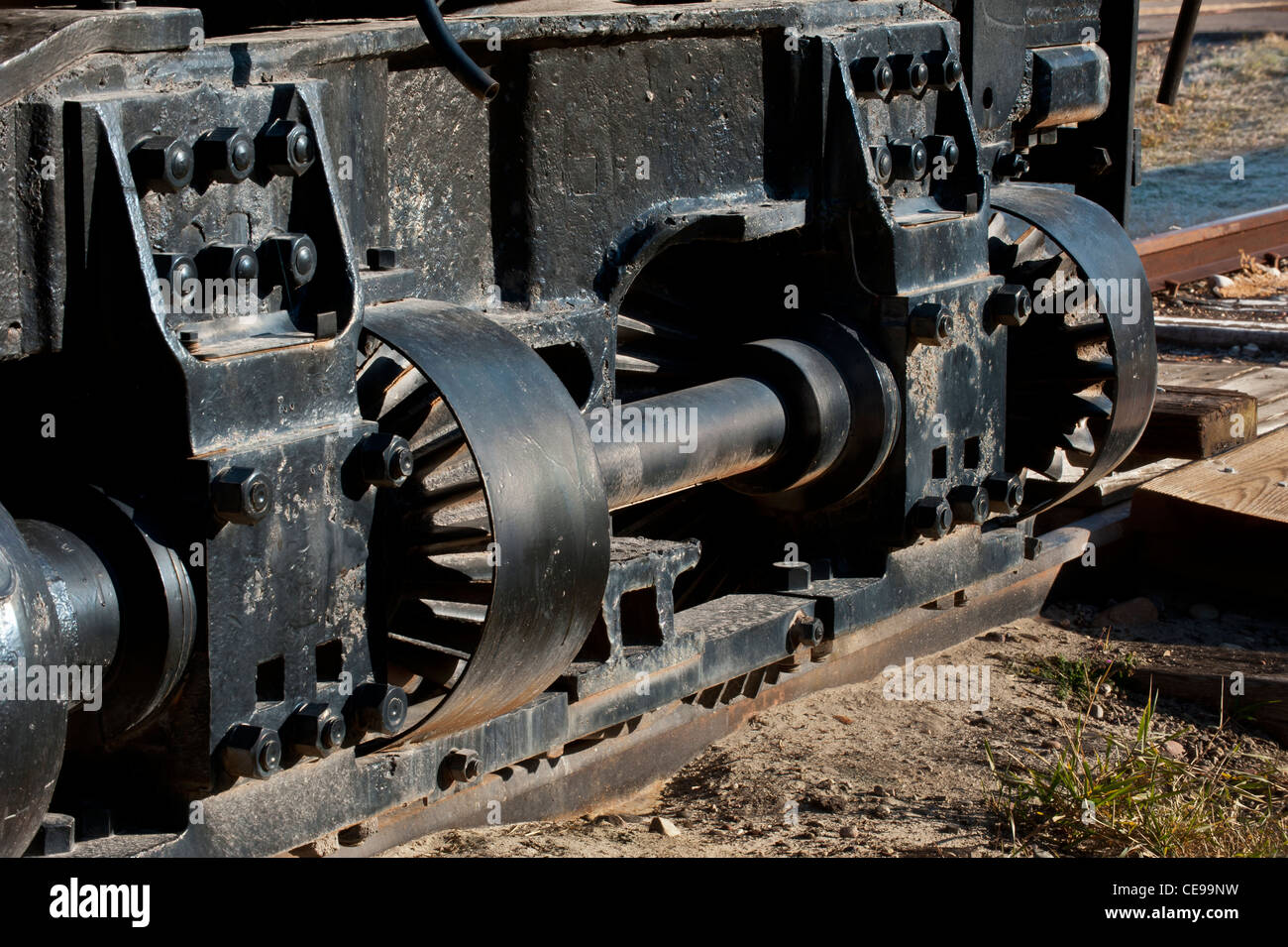 Gears on a 1923 Shay locomotive at Fort Missoula in Missoula, Montana ...