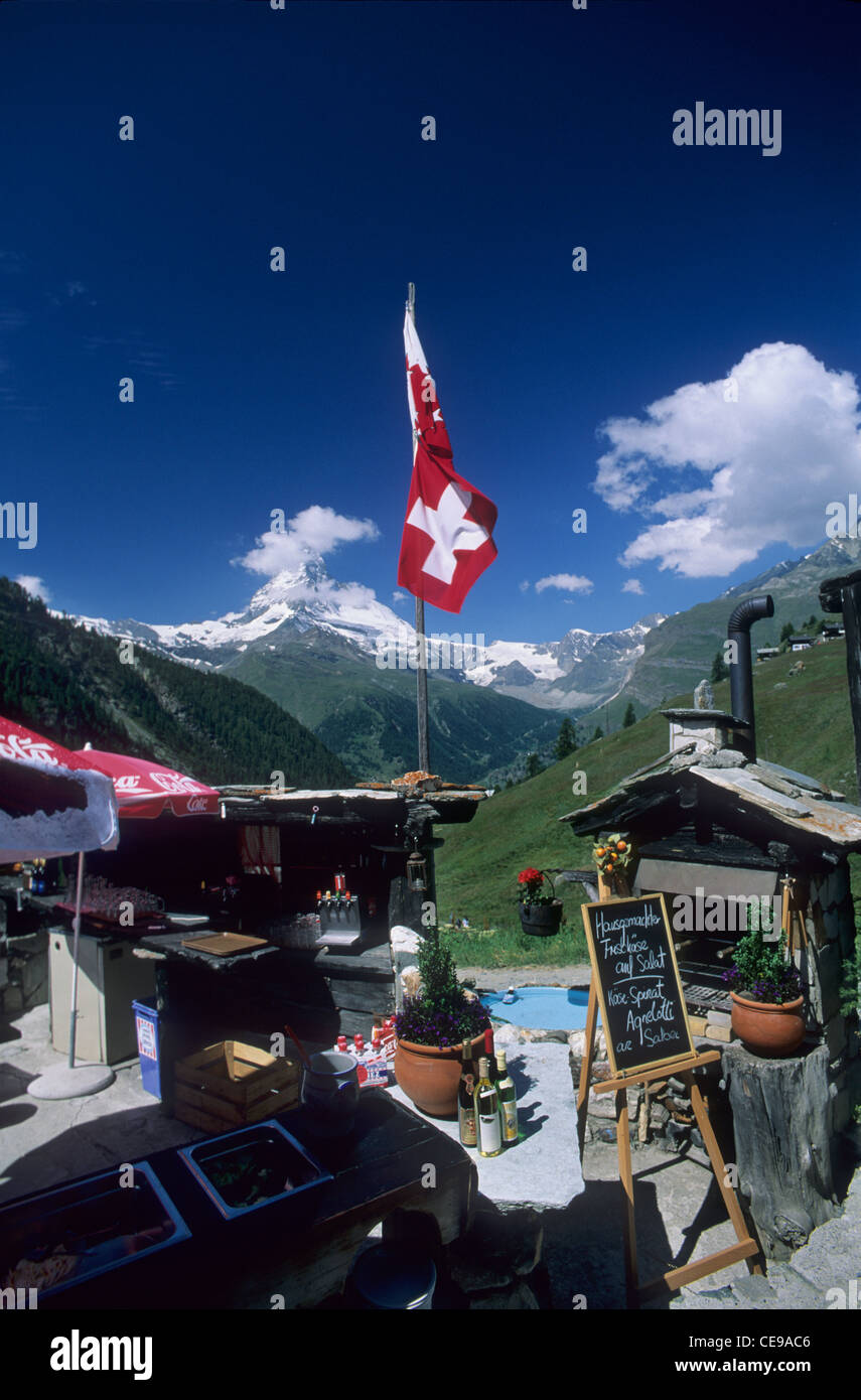 Switzerland, Zermatt region, mountain cafe and the Matterhorn Stock ...