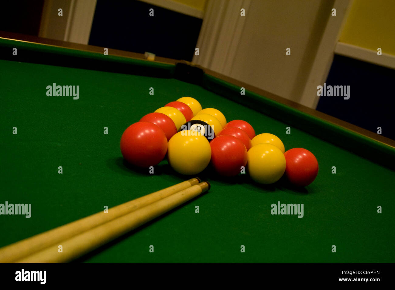 8 Ball Pool Balls racked up on the table ready for a game Stock Photo ...