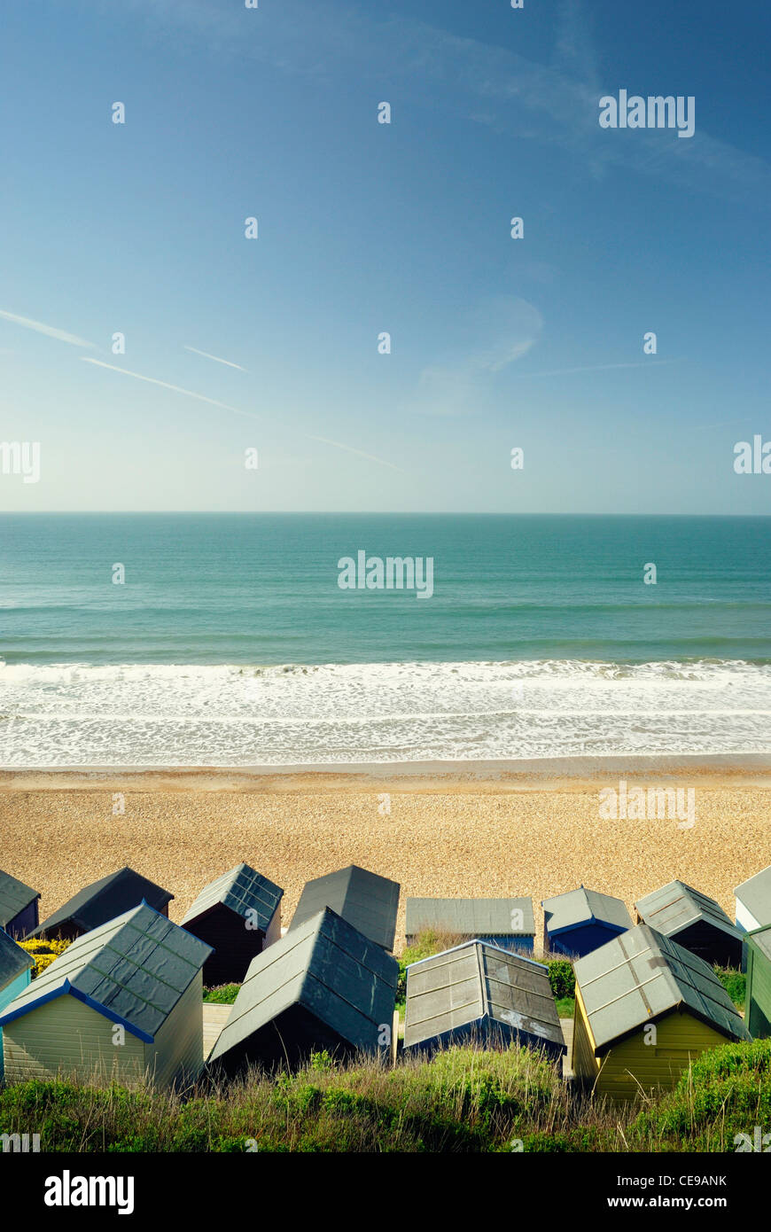 Looking over Beach hut rooftops at Barton on Sea, West sussex,England ...